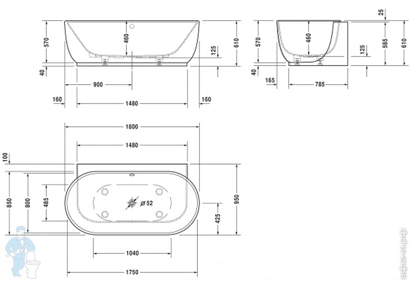 Ванна Duravit Luv 1800x950х610 пристенная, бесшовная панель и ножки, 2 ...
