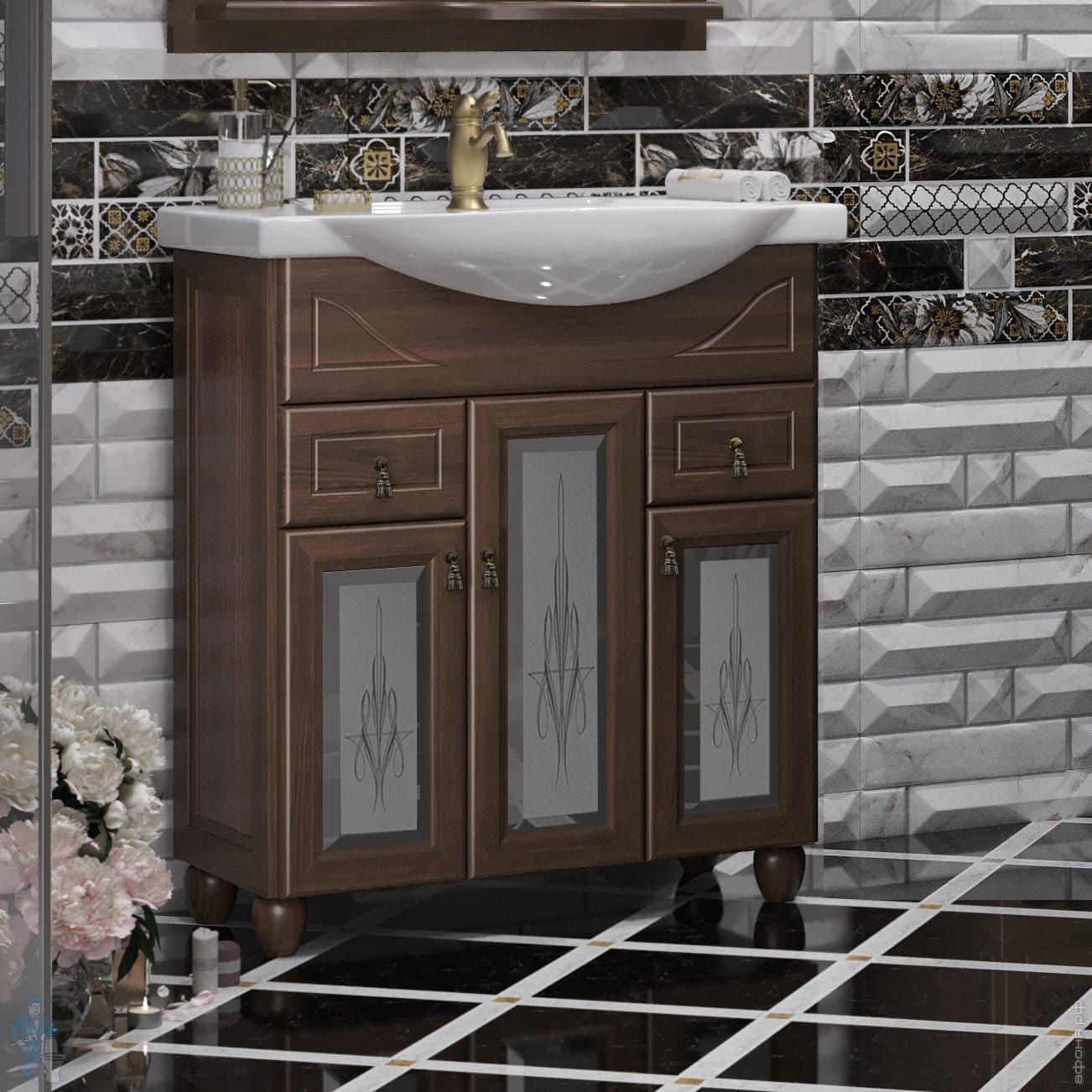 Тумба с раковиной Opadiris Тибет 75 (750х880х435) напольная, орех антикварный, с худ.стеклом ...