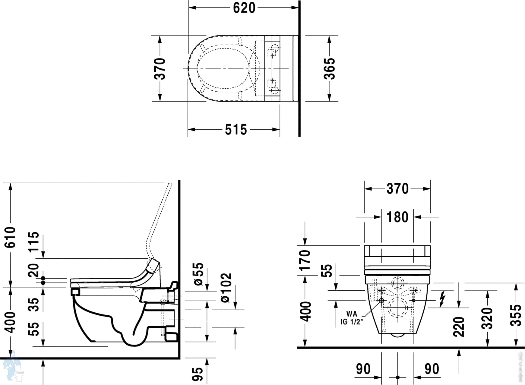Унитаз подвесной DURAVIT STARCK 3 370х620х380 для крышки-биде SensoWash ...