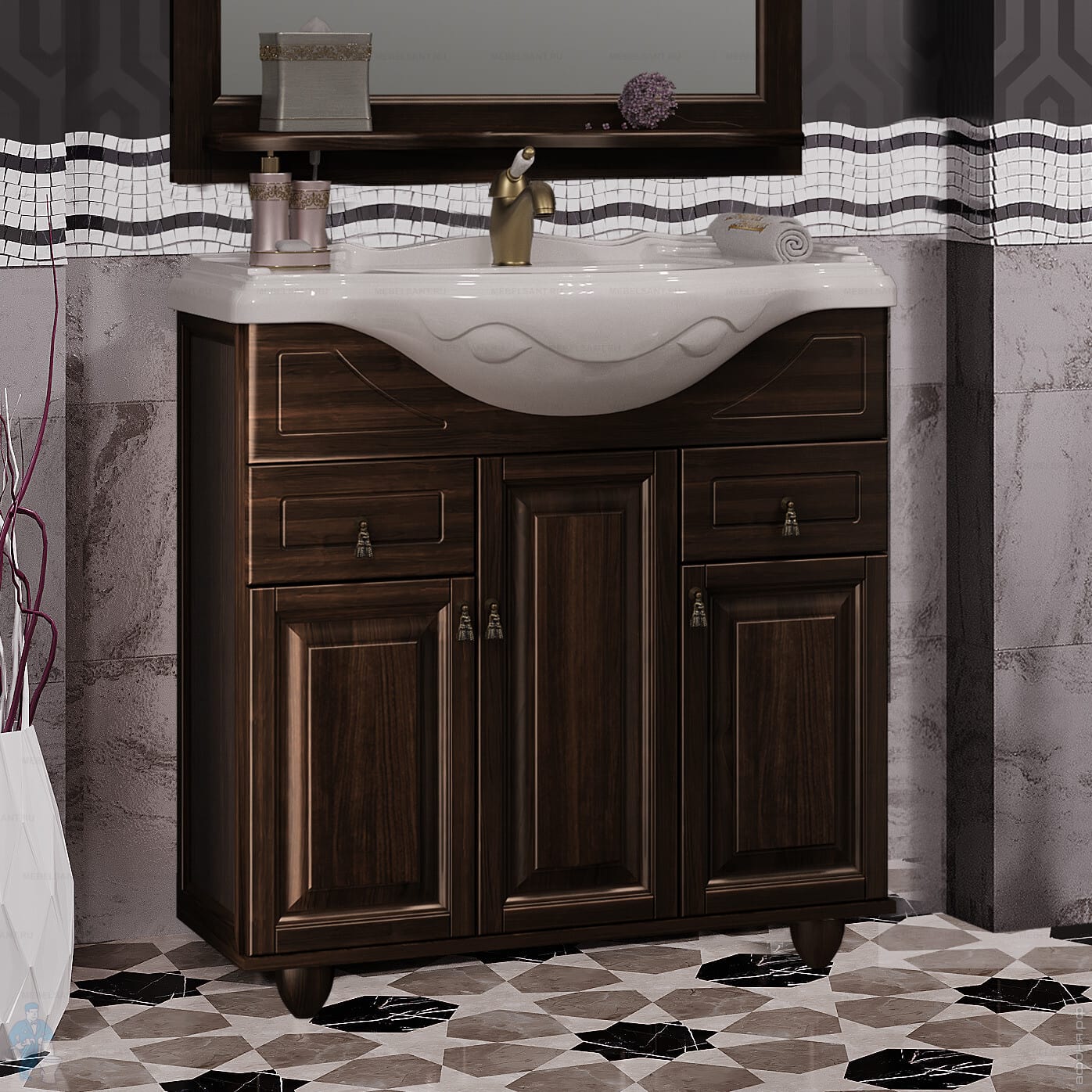 Тумба с раковиной Opadiris Тибет 85 (860х896х475) напольная, орех антикварный, с решеткой | Афоня.рф