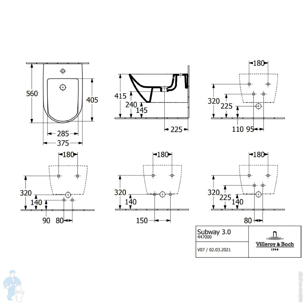 Биде подвесное Villeroy & Boch Subway 3.0 44700001 (375х560х270 ...