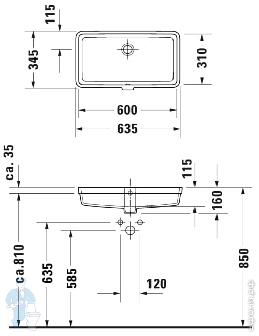 Умывальник встраиваемый снизу Duravit Vero Air 635х345 перелив ...