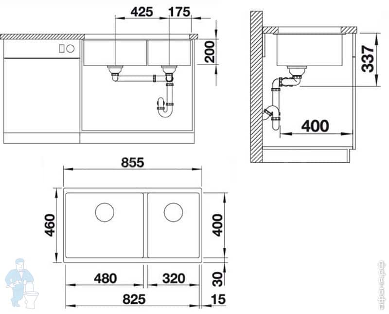 Мойка под столешницу BLANCO Subline 480/320-U антрацит, арматура InFino ...