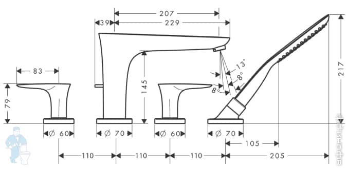 Смеситель Hansgrohe PuraVida 15446000 на борт ванны, на 4 отверстия ...
