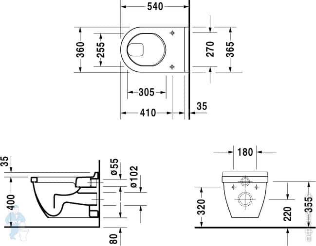 Унитаз подвесной DURAVIT STARCK 3 365х540х355 горизонтальный смыв ...